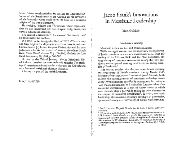 (PDF) Matt Goldish, “Jacob Frank’s Innovations in Messianic Leadership ...