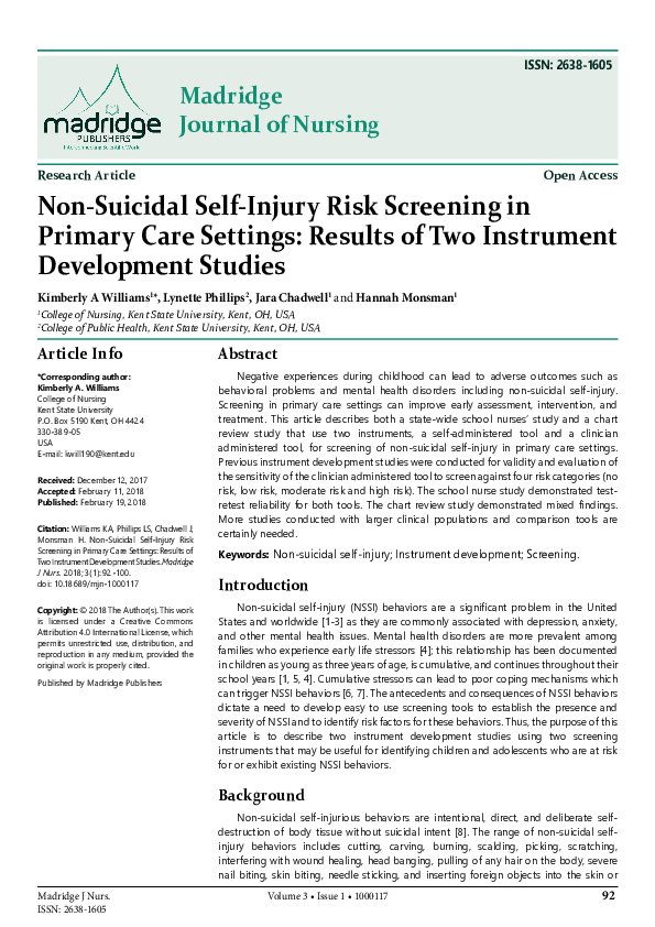 (PDF) Non-Suicidal Self-Injury Risk Screening in Primary Care Settings ...
