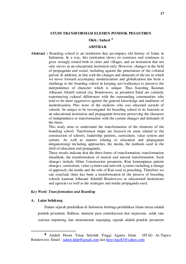 (PDF) STUDI TRANSFORMASI ELEMEN PONDOK PESANTREN