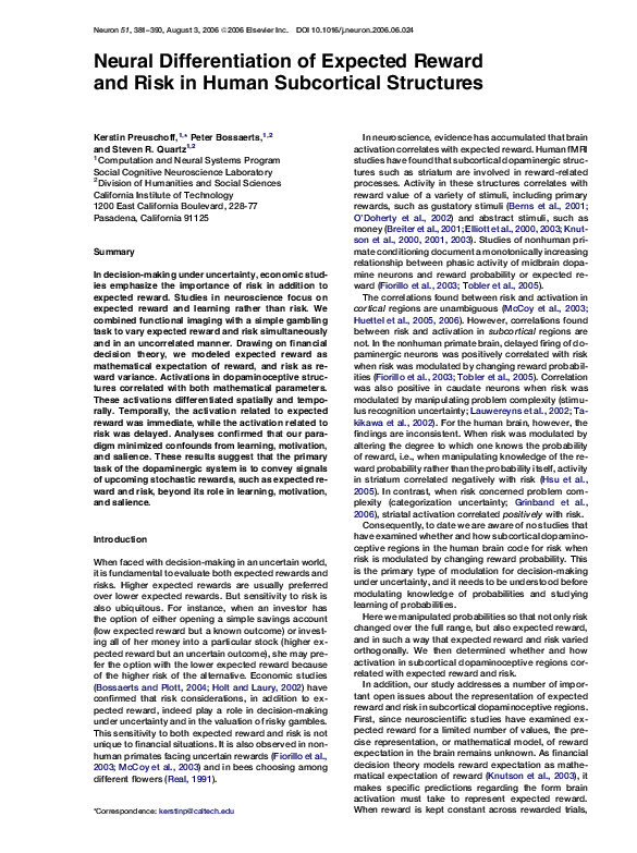 (PDF) Neural Differentiation of Expected Reward and Risk in Human ...