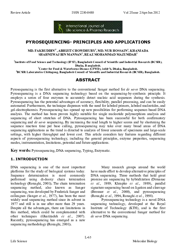 (PDF) PYROSEQUENCING-PRINCIPLES AND APPLICATIONS