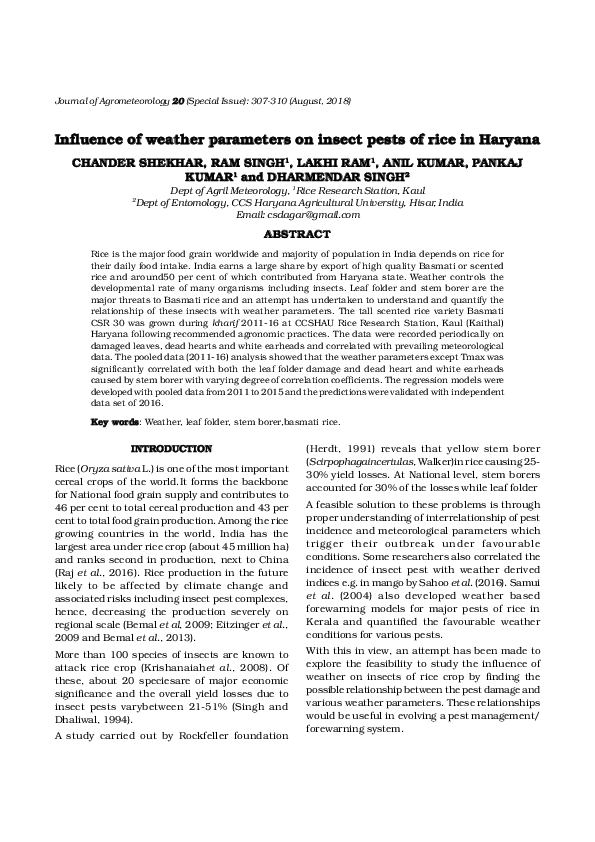 Pdf Influence Of Weather Parameters On Insect Pests Of Rice In Haryana