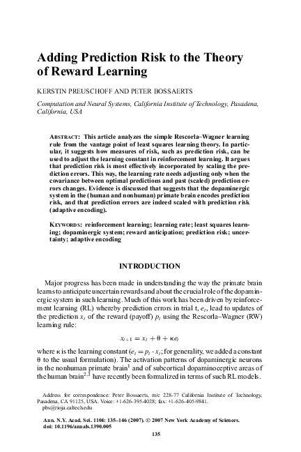 (PDF) Adding Prediction Risk to the Theory of Reward Learning