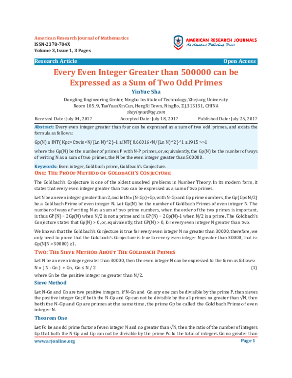 Pdf Every Even Integer Greater Than 500000 Can Be Expressed As A Sum Of Two Odd Primes