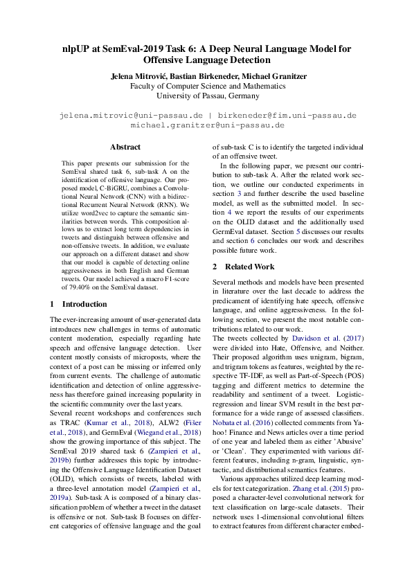 (PDF) nlpUP at SemEval-2019 Task 6: A Deep Neural Language Model for Offensive Language Detection