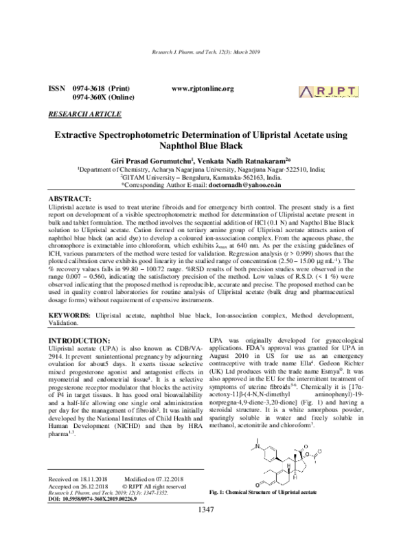 Pdf Extractive Spectrophotometric Determination Of Ulipristal Acetate Using Naphthol Blue Black