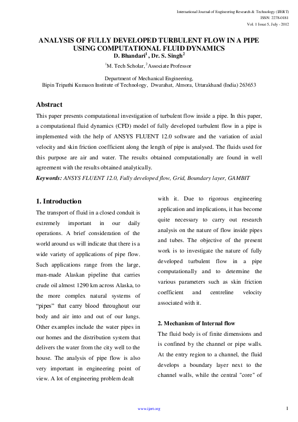 (PDF) ANALYSIS OF FULLY DEVELOPED TURBULENT FLOW IN A PIPE USING ...