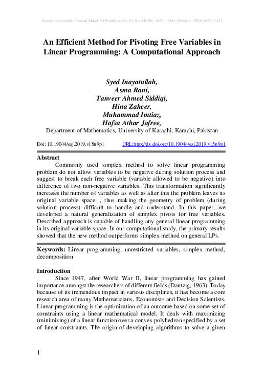 Pdf An Efficient Method For Pivoting Free Variables In Linear