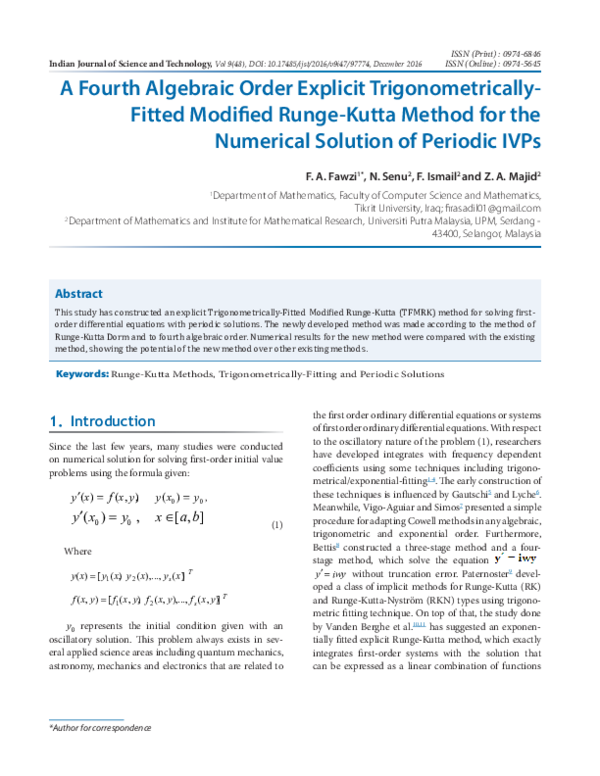 (PDF) A Fourth Algebraic Order Explicit Trigonometrically- Fitted Modified Runge-Kutta Method ...
