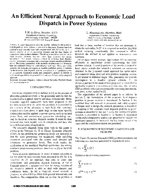 (PDF) An efficient neural approach to economic load dispatch in power systems