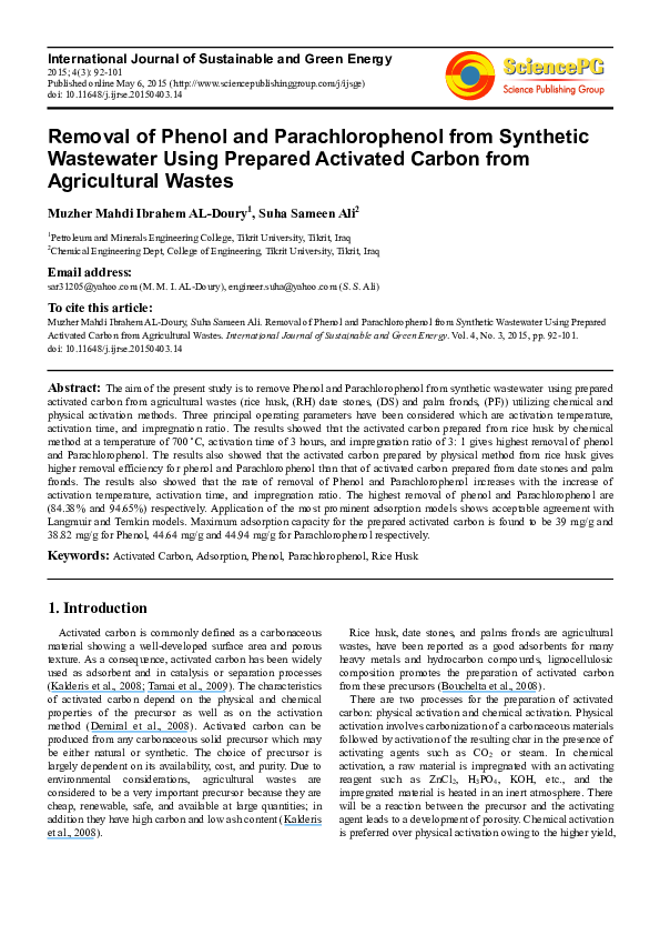 (PDF) Removal of Phenol and Parachlorophenol from Synthetic Wastewater ...