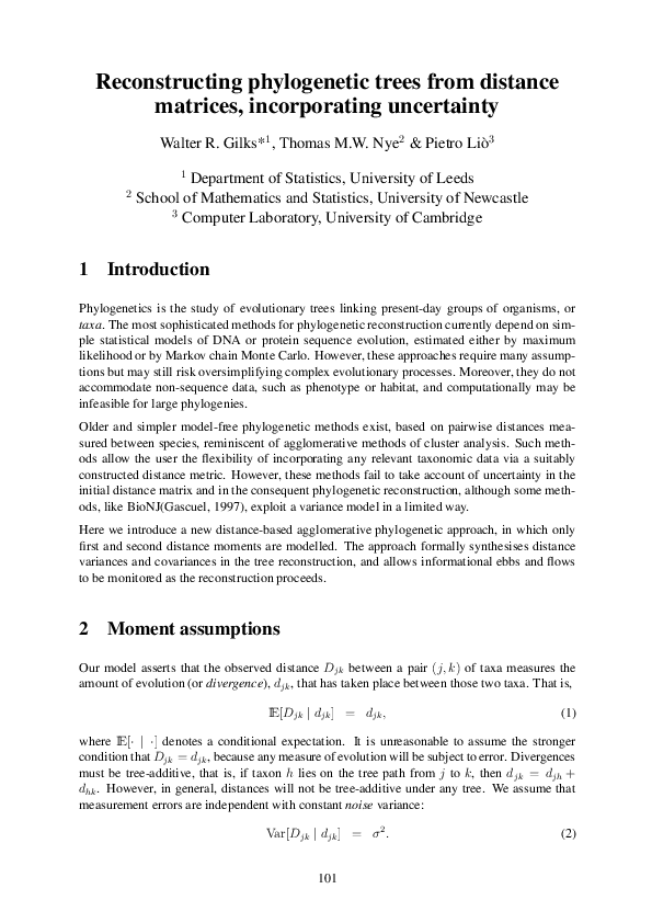 (PDF) Reconstructing phylogenetic trees from distance matrices, incorporating uncertainty