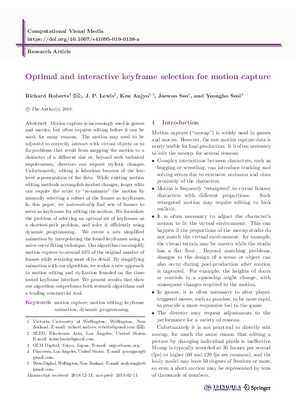Pdf Optimal And Interactive Keyframe Selection For Motion Capture