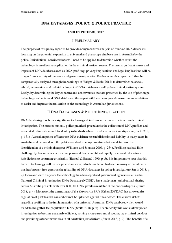 (DOC) DNA Databases: Policy & Police Practice