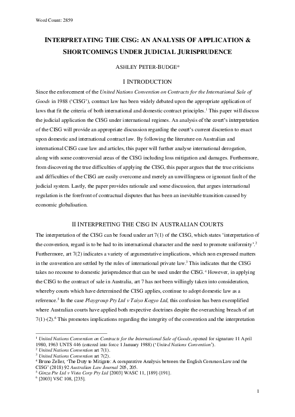 Doc Interpretating The Cisg An Analysis Of Application And Shortcomings Under Judicial