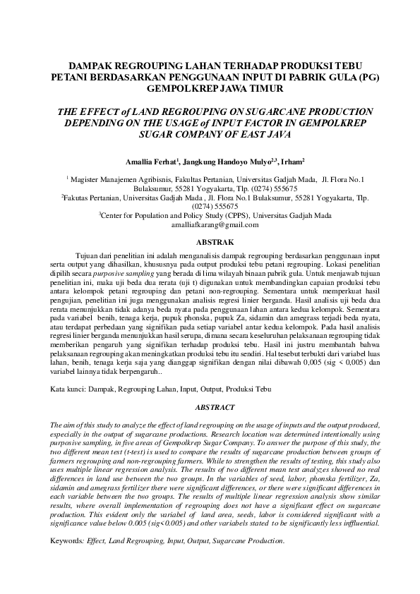 (DOC) Journal Dampak Regrouping Lahan Terhadap Peningkatan Produksi Tebu Petani Binaan Pabrik ...