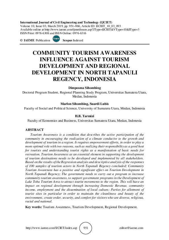(PDF) COMMUNITY TOURISM AWARENESS INFLUENCE AGAINST TOURISM DEVELOPMENT ...