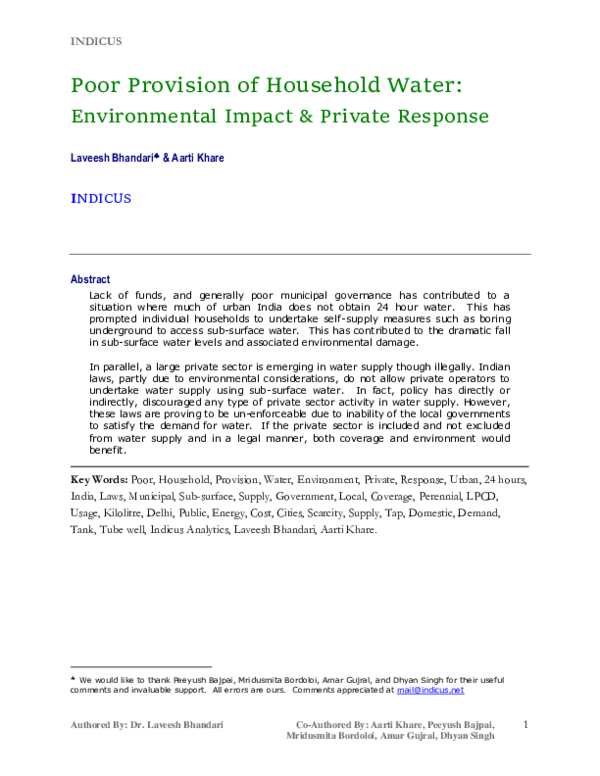 (PDF) Poor Provision of Household Water: Environmental Impact & Private ...