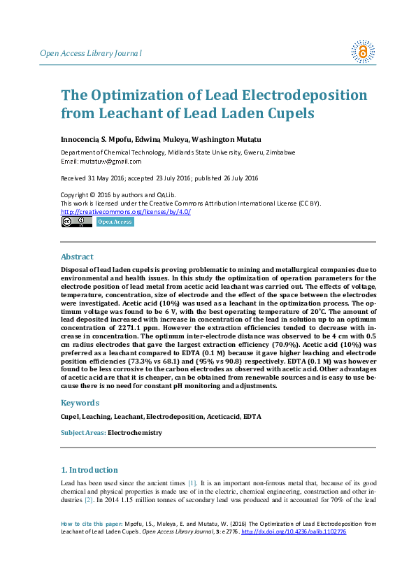 (PDF) The Optimization of Lead Electrodeposition from Leachant of Lead ...