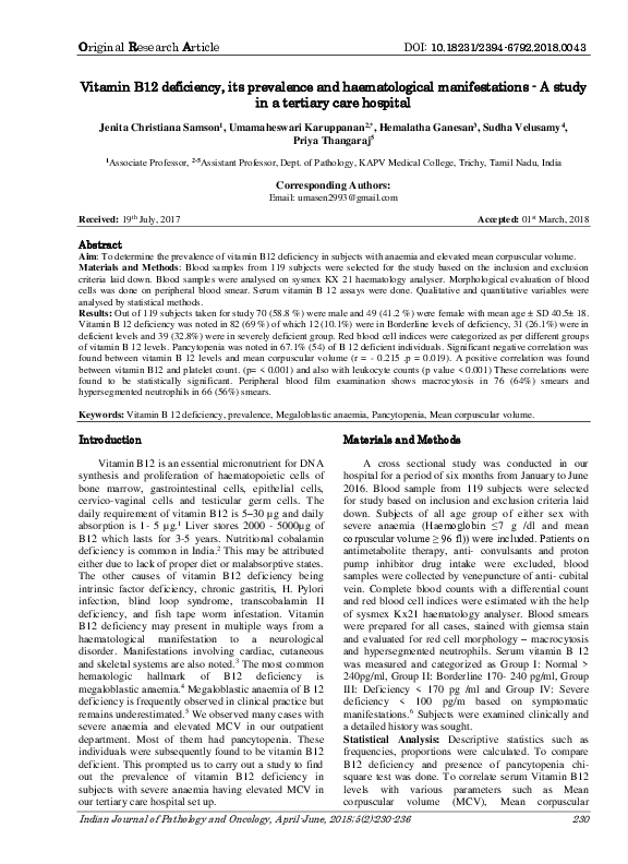 (PDF) Vitamin B12 deficiency, its prevalence and haematological ...