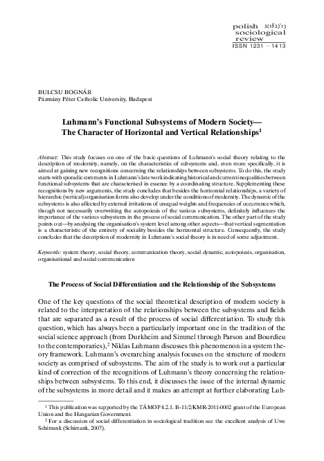(PDF) Luhmann's Functional Subsystems of Modern Society. The Character ...