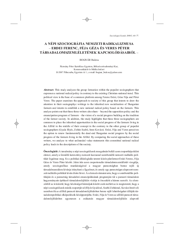 (PDF) A népi szociográfia nemzeti radikalizmusa. Erdei Ferenc, Féja ...