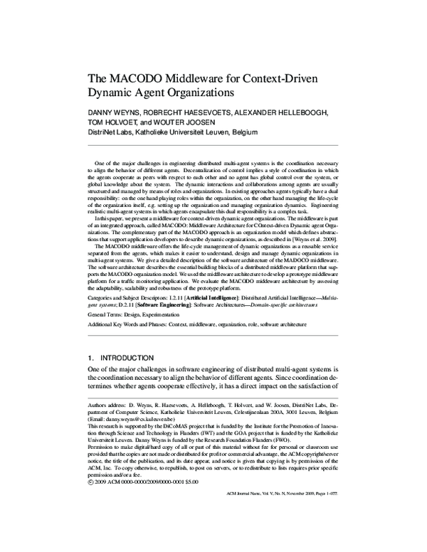 (PDF) The MACODO middleware for context-driven dynamic agent organizations