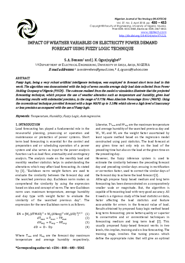 (PDF) IMPACT OF WEATHER VARIABLES ON ELECTRICITY POWER DEMAND FORECAST USING FUZZY LOGIC TECHNIQUE