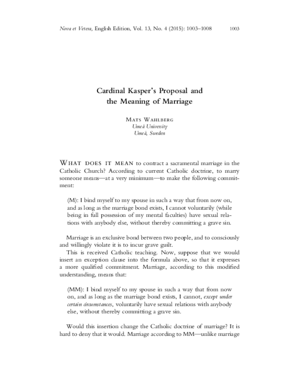 (PDF) Cardinal Kasper's Proposal and the Meaning of Marriage