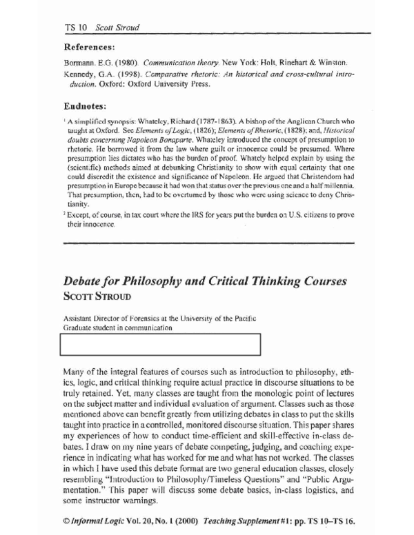 (PDF) Debate for Philosophy and Critical Thinking Courses