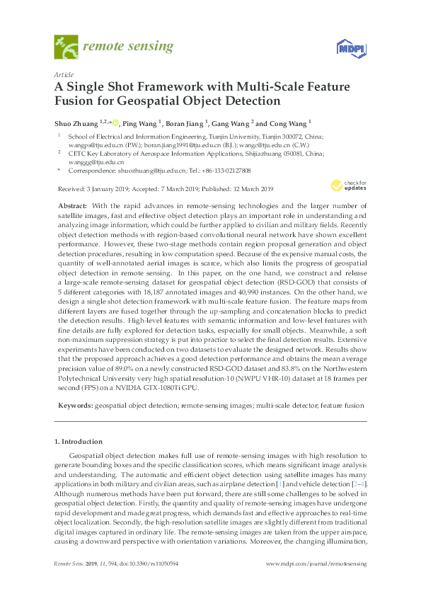 Pdf A Single Shot Framework With Multi Scale Feature Fusion For Geospatial Object Detection