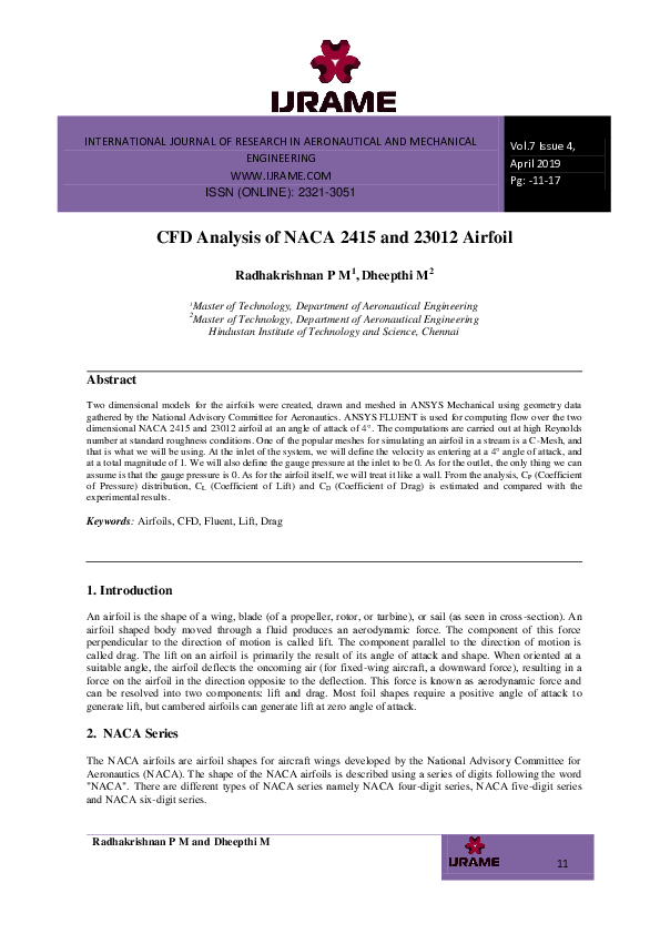 (PDF) CFD Analysis of NACA 2415 and 23012 Airfoil