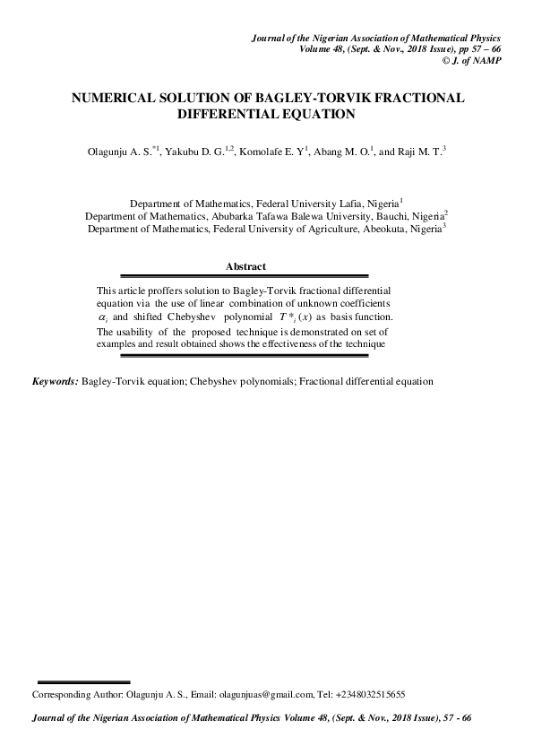 (PDF) Numerical Solution of Bagley-Torvik Fractional Differential Equation