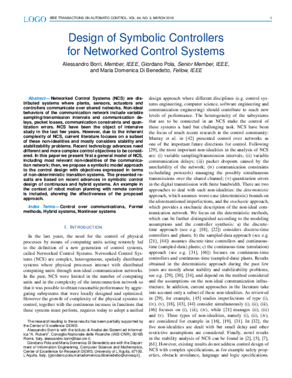Pdf Design Of Symbolic Controllers For Networked Control Systems Alessandro Borri