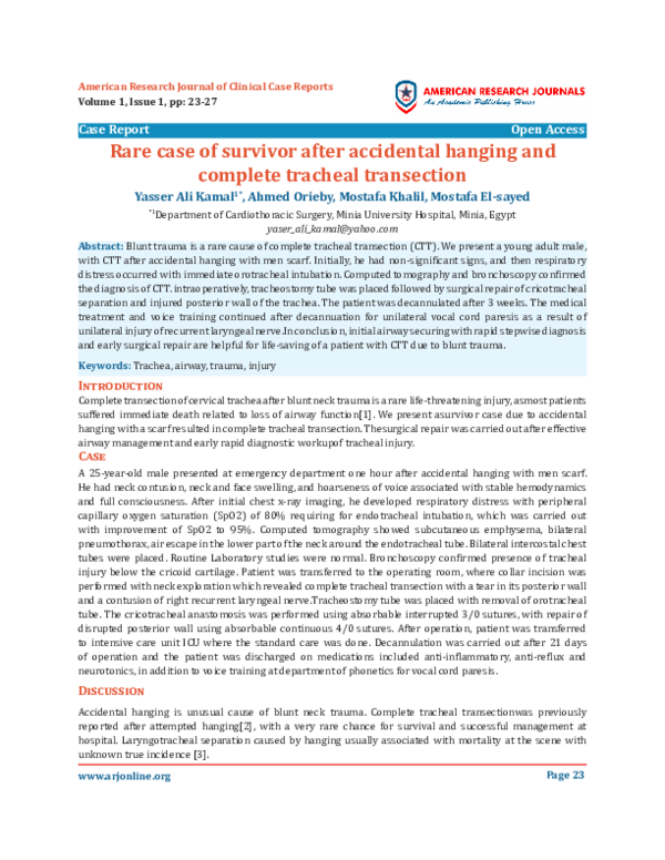 (PDF) Rare case of survivor after accidental hanging and complete ...