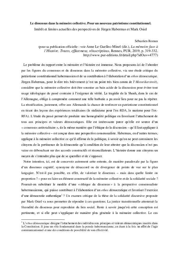 (PDF) Le dissensus dans la mémoire collective. Pour un nouveau ...