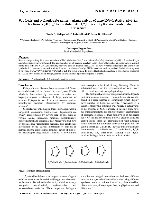 (PDF) Synthesis and evaluation for anticonvulsant activity of some N-(5-(substituted)-1,3,4 ...