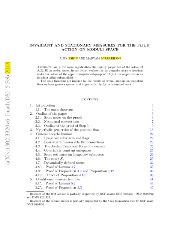 (PDF) INVARIANT AND STATIONARY MEASURES FOR THE SL(2, R) ACTION ON MODULI SPACE