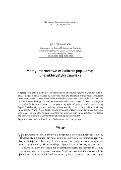 (PDF) Memy internetowe w kulturze popularnej. Charakterystyka zjawiska