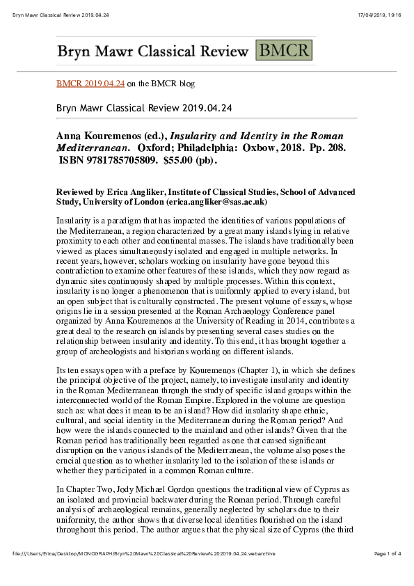 (PDF) Review on : Anna Kouremenos (ed.), Insularity and Identity in the ...