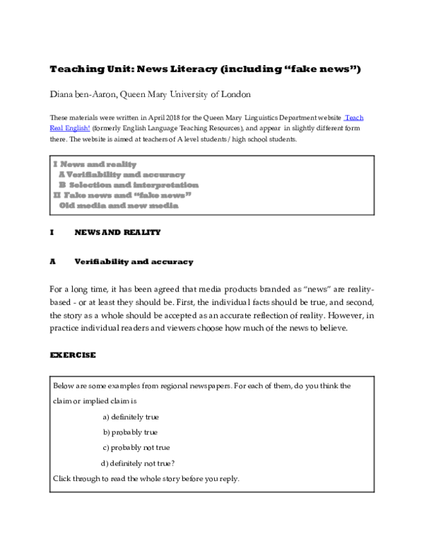 (PDF) Teaching Unit: News Literacy (including "fake news")