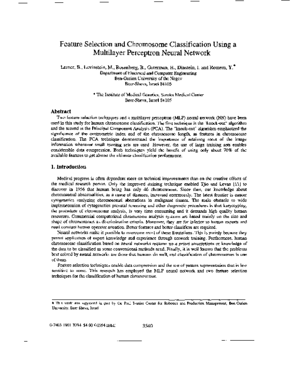 (PDF) Feature Selection and Chromosome Classification Using a Multilayer Perceptron Neural Network