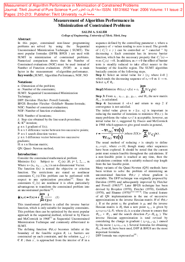 Pdf Measurement Of Algorithm Performance In Minimization Of