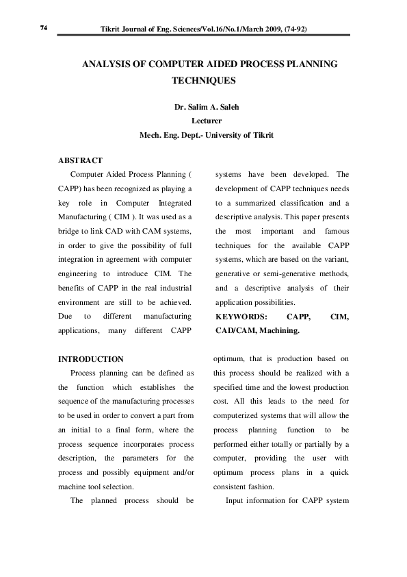 (PDF) ANALYSIS OF COMPUTER AIDED PROCESS PLANNING TECHNIQUES