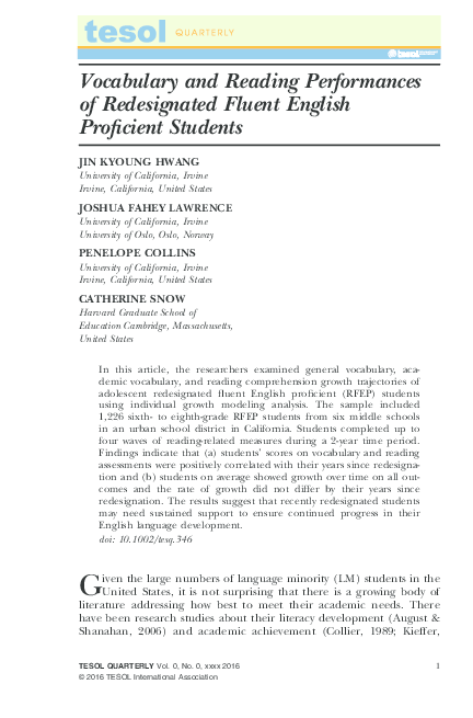(PDF) Vocabulary and Reading Performances of Redesignated Fluent ...