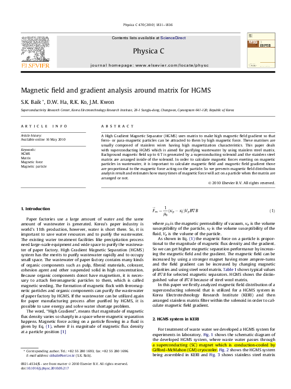 (PDF) Magnetic field and gradient analysis around matrix for HGMS