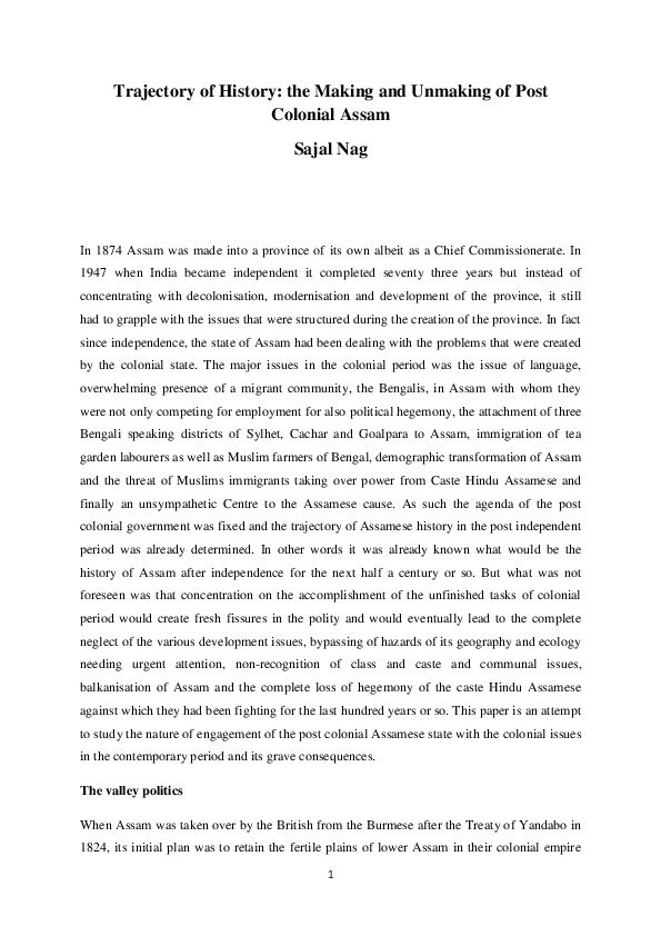 (DOC) Making and unmaking of post colonial assam