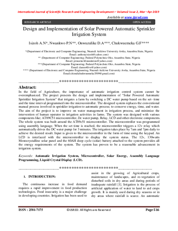 (PDF) Design And Implementation Of Solar Powered Automatic Sprinkler Irrigation System