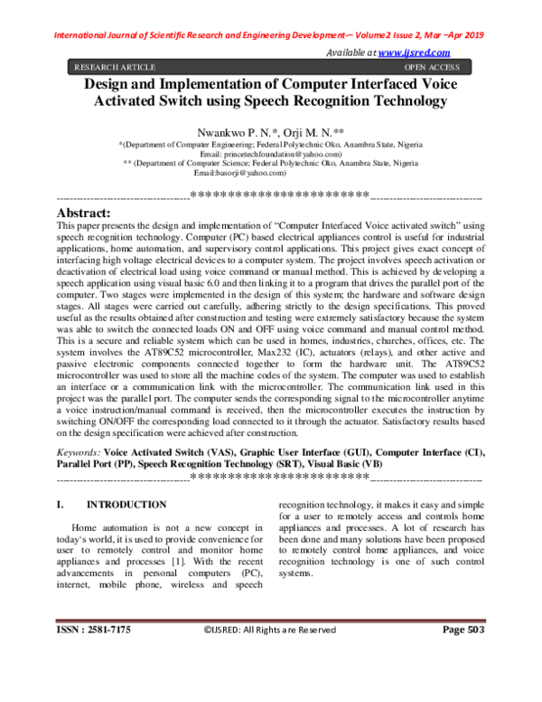Pdf Design And Implementation Of Computer Interfaced Voice Activated Switch Using Speech