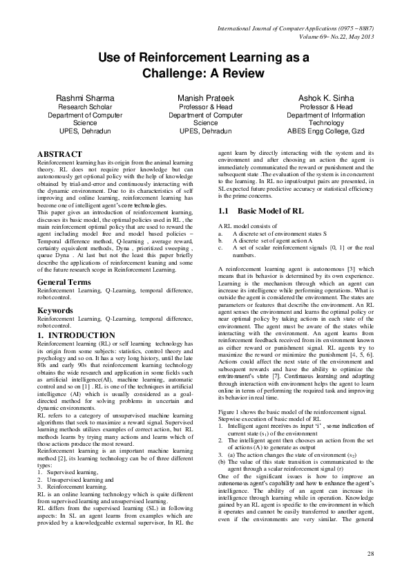 (PDF) Use of Reinforcement Learning as a Challenge: A Review